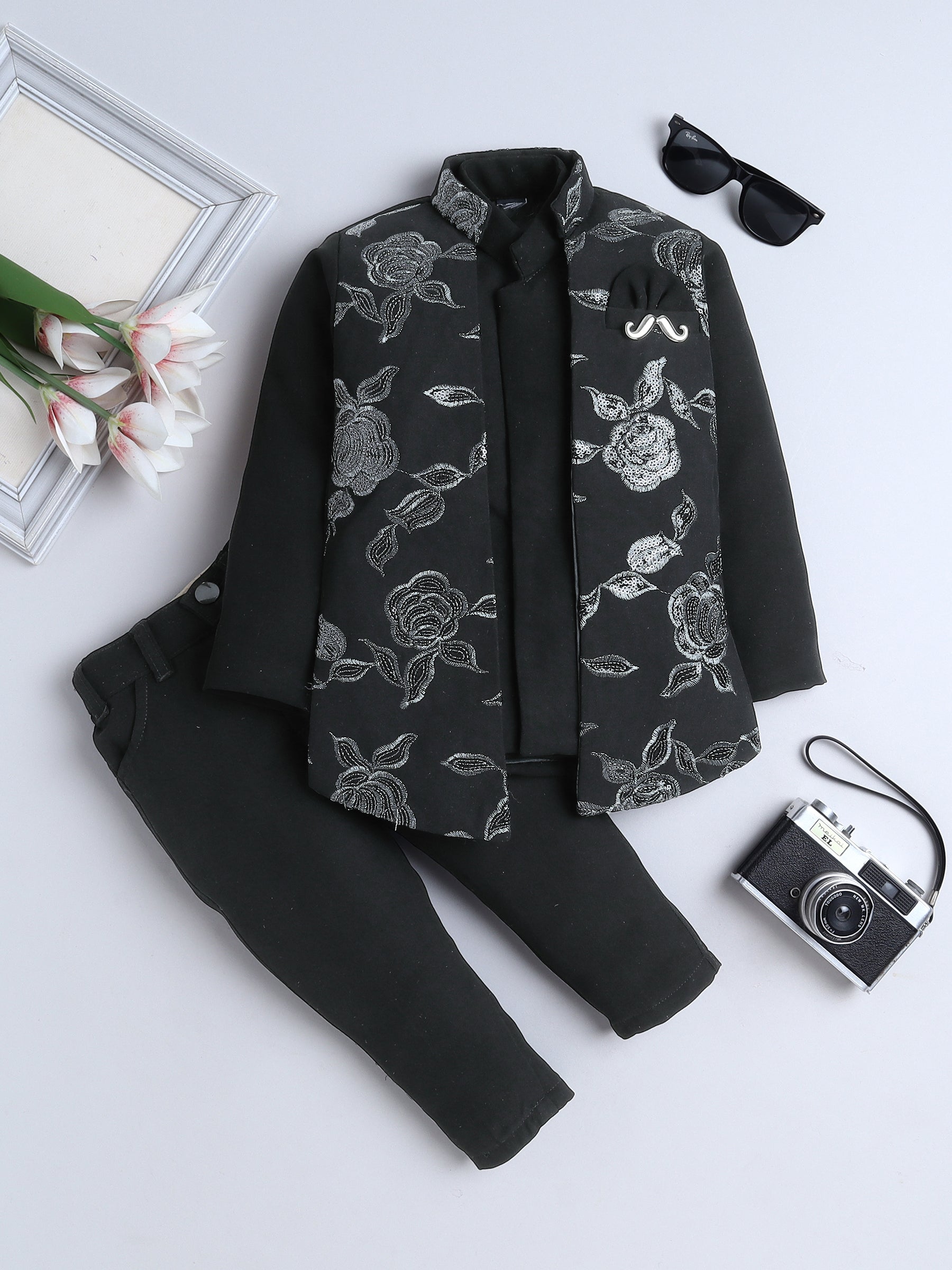 Boys Sequined Zari Embroidery Sherwani & Trouser Set With Shrug – Fourfolds